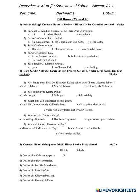 Examen De Alemán A2 1 Instituto Alemán Resistencia Online Exercise For Live Worksheets