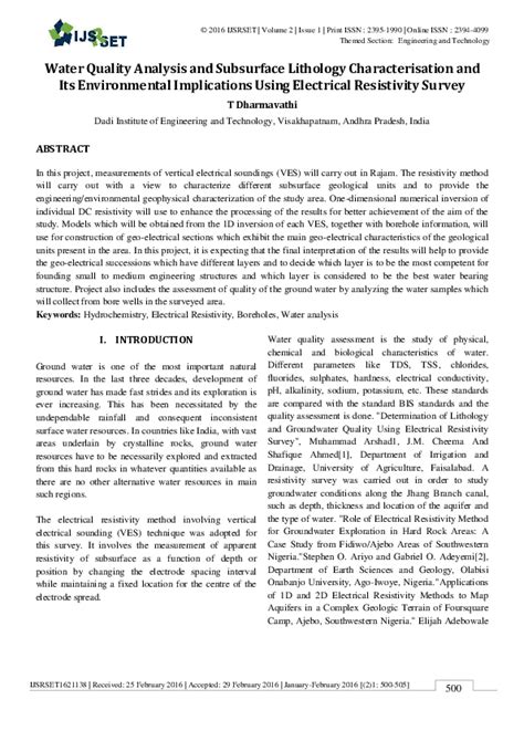 Pdf Water Quality Analysis And Subsurface Lithology Characterisation
