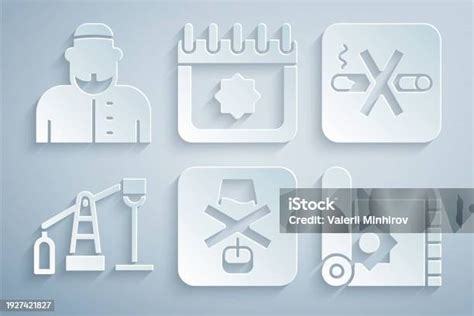 알코올 금지 흡연 오일 펌프 또는 펌프 잭 전통 카펫 라마단 달력 및 무슬림 남자 아이콘을 설정합니다 벡터 3차원 형태에 대한 스톡 벡터 아트 및 기타 이미지 Istock