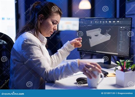 Software Engineer Working At Digital Cad Project Late At Night In Office Company Stock Image