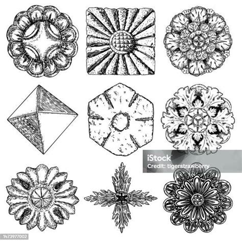 바로크 고대 빈티지 스타일의 꽃 원형과 마름모 또는 사각형 디자인 요소세트 직물 스카프 배경에 대한 검은 흰색의 유행 패턴을