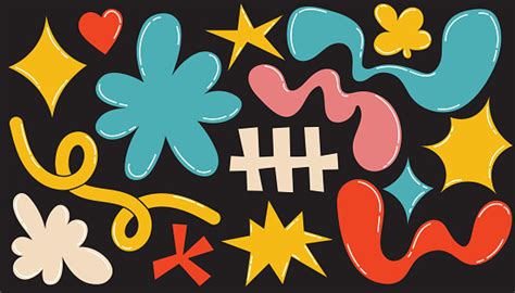 검은 색 배경에 다양한 기하학적 및 유기적 모양을 특징으로하는 생생한 추상 구성 장난기 넘치는 디자인에는 별 구불구불한 선 하트