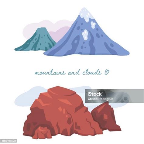 산 눈 구름의 벡터 그림 세트입니다 당신의 디자인을위한 템플릿 카드 웹 포스터 배너 스티커 관광 광고 플랫 만화 핸드 그린 스타일입니다 0명에 대한 스톡 벡터 아트 및 기타