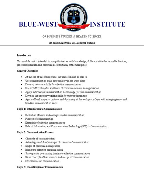 Communication Skills Course Outline Pdf Communication Information