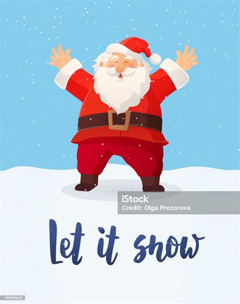 메리 크리스마스 카드 그것은 눈 텍스트를 보자 웃는 만화 산타 클로스 미소와 흔들기 Let It Snow Short Phrase에 대한 스톡 벡터 아트 및 기타 이미지