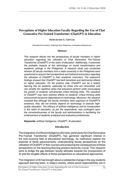 Pdf Perceptions Of Higher Education Faculty Regarding The Use Of Chat Generative Pre Trained