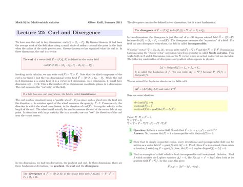lecture 22 curl and divergence summaries calculus docsity