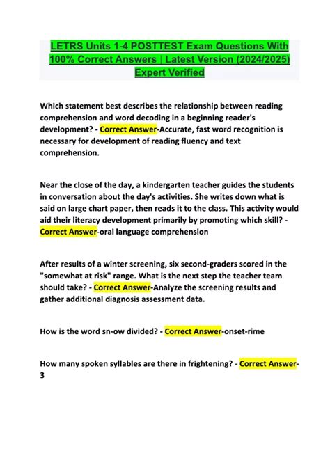 Letrs Units 1 4 Posttest Exam Questions With 100 Correct Answers Latest Version 2024 2025