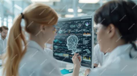 Artificial Intelligence Network Analysis Data Scientists Analyze Algorithm On Computer Premium