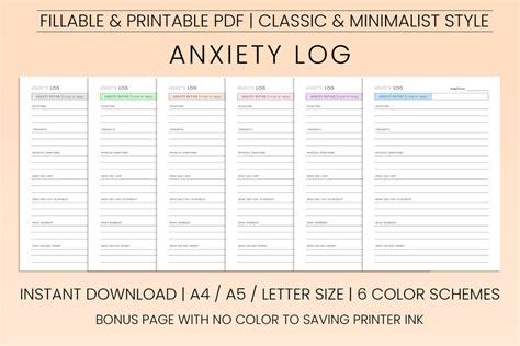 Printable Anxiety Log Anxiety Tracker Pdf Anxiety Etsy Canada
