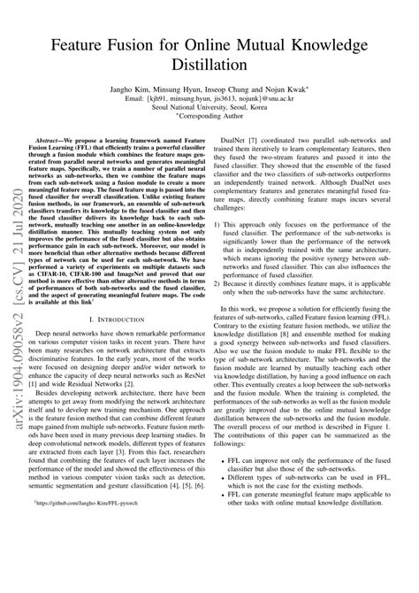 Pdf Feature Fusion For Online Mutual Knowledge Distillation
