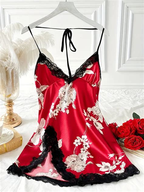 Lace Trim Leopard Nightdress V Neck Backless Side Split Slip Temu