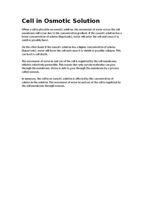Cell In Osmotic Solution If The Osmotic Solution Has A Lower Concentration Of Solutes