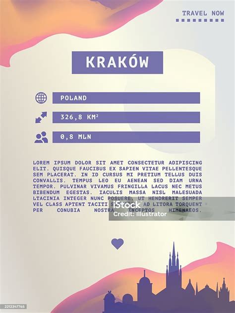 크라쿠프 폴란드 벡터 인포 그래픽 브로셔 레이아웃 가이드 전단지 전단지 텍스트 정보 도시 스카이 라인 모양이있는 광고 그래픽 템플릿 페이지 축제 표지 모형 이미지 0명에