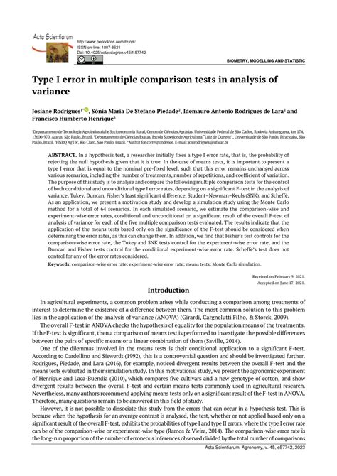 Pdf Type I Error In Multiple Comparison Tests In Analysis Of Variance