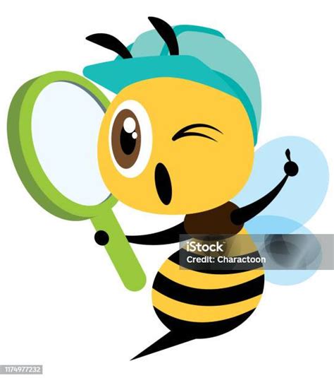 만화 귀여운 꿀벌 블루 안전 모자를 착용하고 돋보기를 들고 귀여운 마스코트 열심히 꿀벌입니다 플랫 디자인 벡터 가리키기에 대한 스톡 벡터 아트 및 기타 이미지 Istock