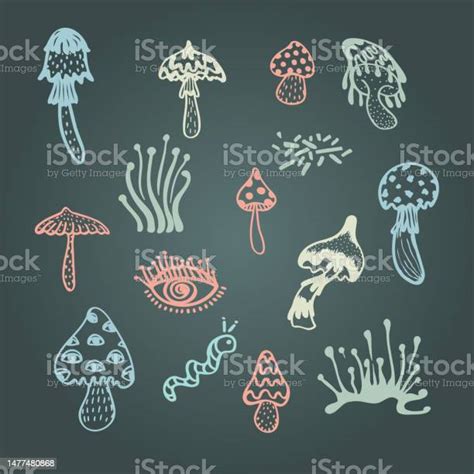 그루브 버섯 환각 요소의 컬렉션입니다 힙 스터 아이콘의 복고풍 디자인 낙서 스타일 그래픽 빈티지 Trippy 60 70 80 90 트렌디 한 벡터 일러스트 레이 션 칠판