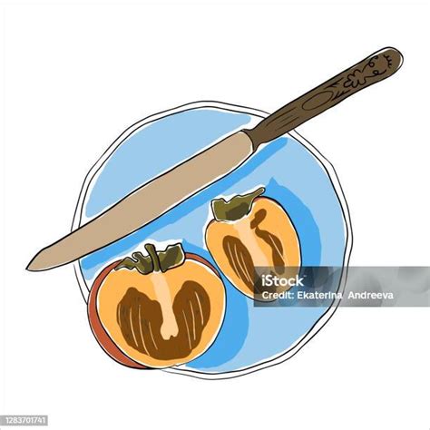 접시에 감과 칼의 벡터 음식 그림 둥근 접시에 칼붙이와 잘 익은 맛있는 과일의 반분기 카페 와 레스토랑 건강 식품에 대한 웹 사이트의 메뉴 디자인 0명에 대한 스톡 벡터
