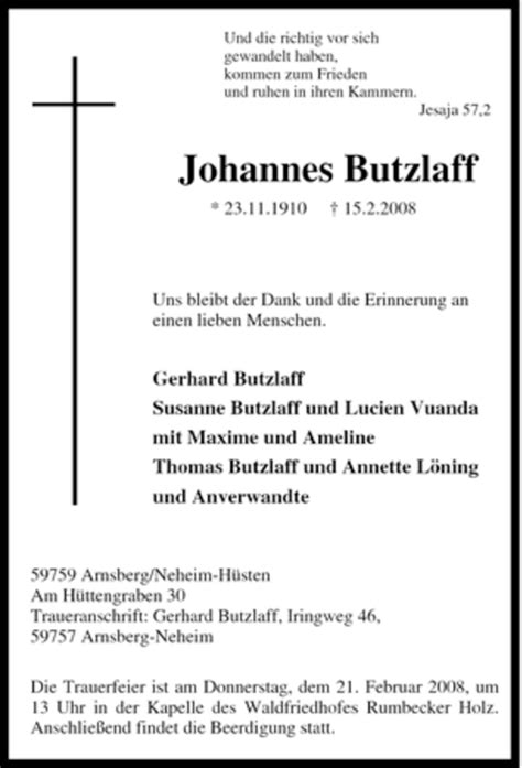 Traueranzeigen Von Johannes Butzlaff Trauer In Nrw De