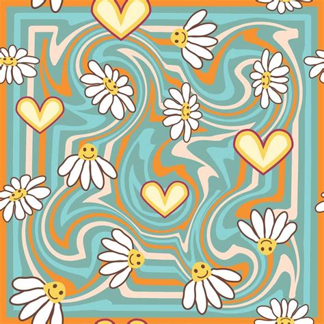Retro Smile Chamomile Seamless Pattern On 1970 Wavy Swirl Seamless Pattern Hippie Aesthetic