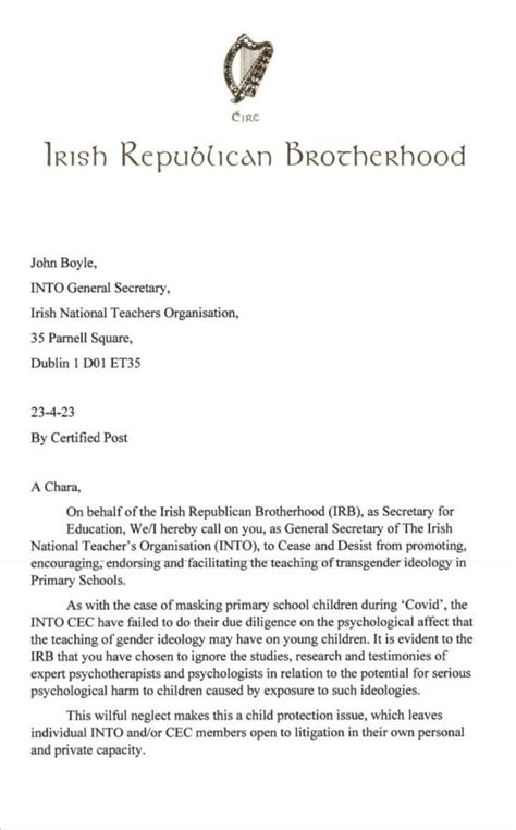 Cease And Desist Notice From Irb Secretary For Education Barra De Róiste To Into General Secretary