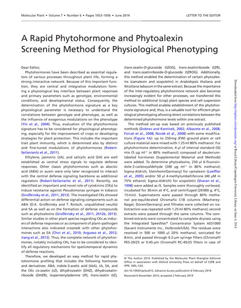 Pdf A Rapid Phytohormone And Phytoalexin Screening Method For Physiological Phenotyping