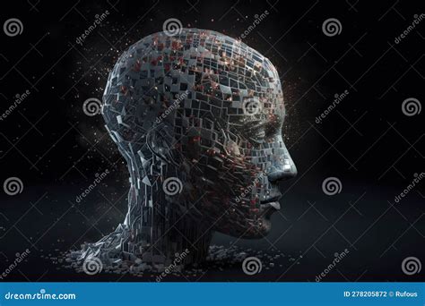 3d Dissolving Human Head Made With Cube Shaped Particles Stock