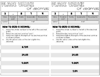 Decimal Place Value Babe Notes Includes Rounding Comparing