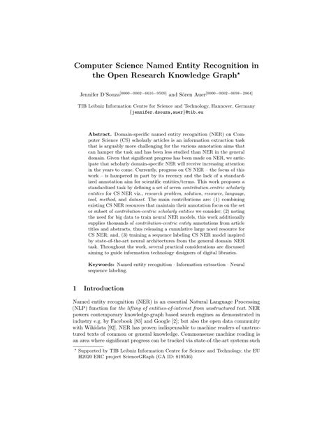 Pdf Computer Science Named Entity Recognition In The Open Research Knowledge Graph