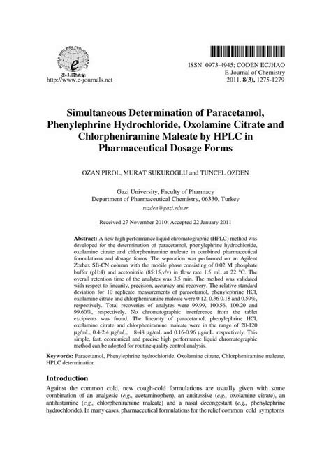 Pdf Simultaneous Determination Of Paracetamol Phenylephrine Journals