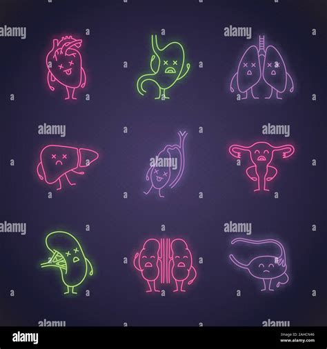 Sad Human Internal Organs Characters Neon Light Icons Set Glowing
