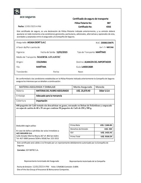 Poliza De Seguros Ec2 Importante Materia Asegurada Y Embalaje Monto