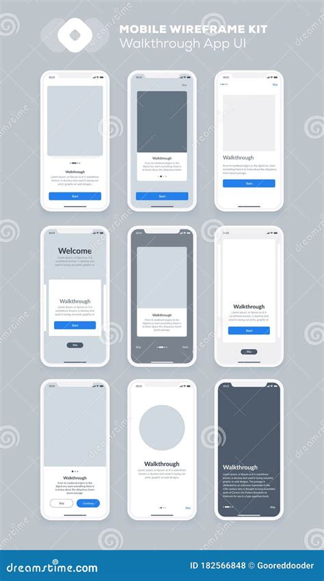 Wireframe UI Kit For Smartphone Mobile App UX Design New OS Walkthrough Stock Vector