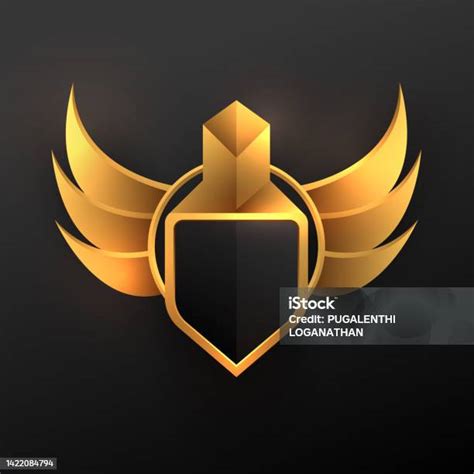 게임 Ui 디자인을위한 날개가있는 판타지 골드 엠블럼 쉴드 1위에 대한 스톡 벡터 아트 및 기타 이미지 1위 개념 그래픽