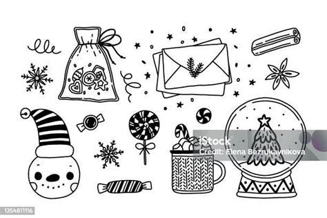 크리스마스 기호와 겨울 세트 손으로 그린 낙서 장식은 흰색에 고립 벡터 크리스마스 요소 눈사람 눈 글로브 롤리팝 마시멜로 진저 브레드 쿠키 봉투와 뜨거운 음료 가정 생활에