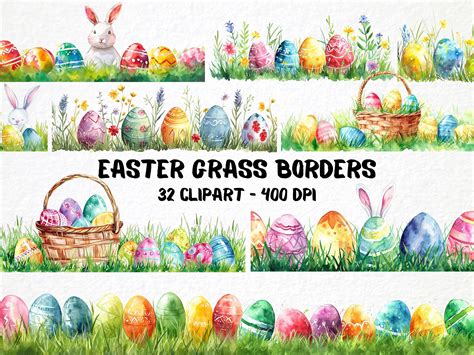 Watercolor Easter Grass Borders 32 Clipart Bundle Diy Easter Egg