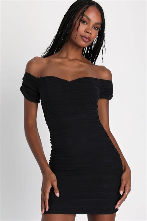 Black Mesh Bodycon Dress Ruched Ots Dress Sexy Mini Dress Lulus