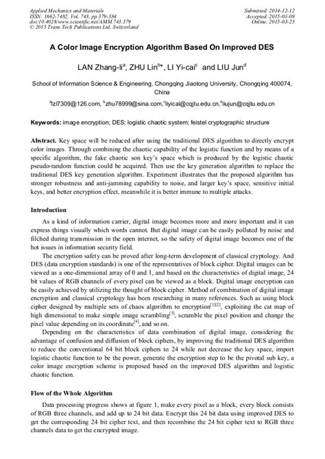 A Color Image Encryption Algorithm Based On Improved Des Scientificnet