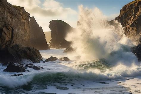 Premium Photo Dynamic Waves Crashing Against Rugged Coastal Cliffs