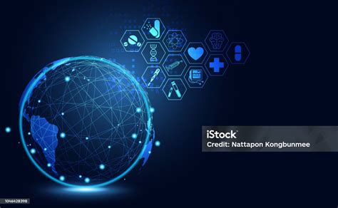 추상적인 건강 의학 의료 아이콘 디지털 기술 세계 개념 현대 혁신 치료 의학에 안녕 기술 미래 파란색 배경 벽지 템플릿 웹 디자인에 대 한 과학에 대한 스톡 벡터 아트 및