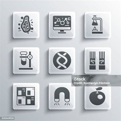 자석 유전자 변형 사과 의료용 고무 장갑 Dna 기호 주기율표 스탠드에 있는 시험관 플라스크 박테리아 및 불 아이콘을 설정합니다 벡터 Dna에 대한 스톡 벡터 아트 및 기타