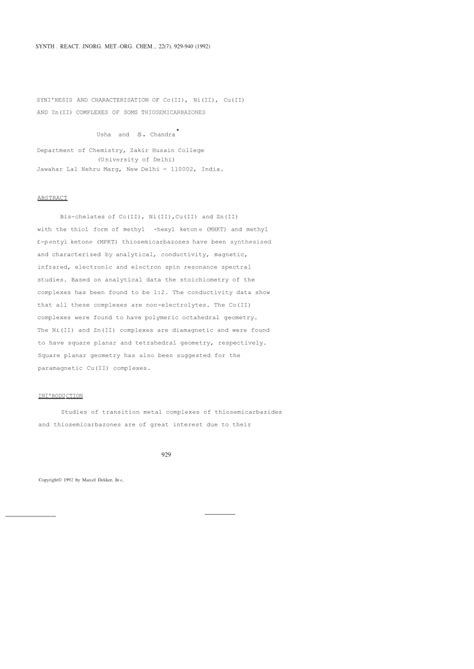 Pdf Synthesis And Characterization Of Coii Niii Cuii And Znii Complexes Of Some