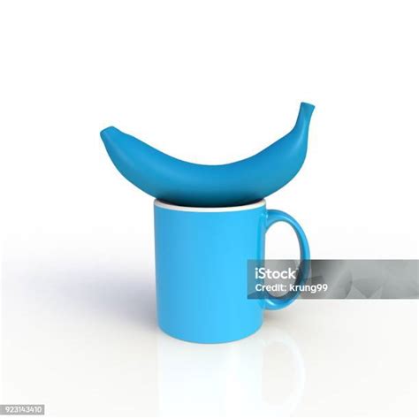 흰색 배경에 고립 된 블루 커피 컵과 바나나 응용 프로그램 디자인에 대 한 서식 파일을 비웃는 다 전시 장비입니다 로고의 배치에 대 한 서식 파일을 설정 합니다 3d