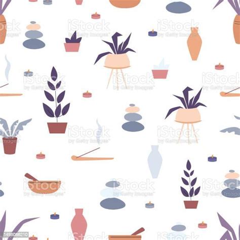 휴식과 명상 웰빙 요가 스튜디오 요소 양초 화분에 담긴 식물 균형 돌 및 꽃병 패브릭 프린트 벡터 이음매 없는 패턴 가벼운에 대한 스톡 벡터 아트 및 기타 이미지 Istock