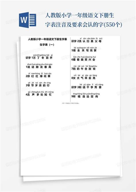 人教版小学一年级语文下册生字表 注音及要求会认的字 550个 Word模板下载 编号lmgbdpng 熊猫办公