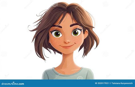 Cartoon Girl With Brown Hair And Green Eyes Smiling Freckles Light