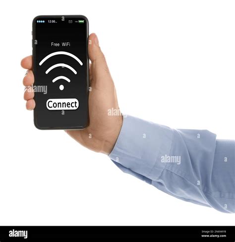 man connecting to wifi using mobile phone on white background closeup