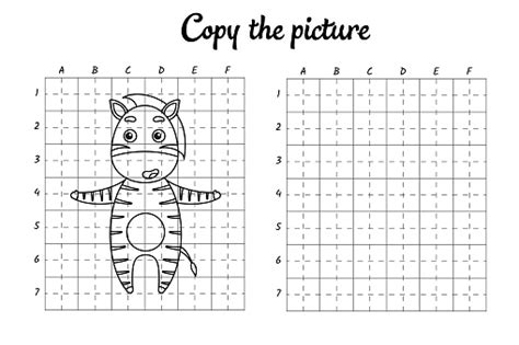 그림을 복사합니다 그리드로 그립니다 아이들을위한 색칠 공부 책 페이지 필기 연습 그리기 기술 훈련 인쇄 가능한 워크시트 를 개발하는 교육 활동 페이지입니다 귀여운 만화 벡터