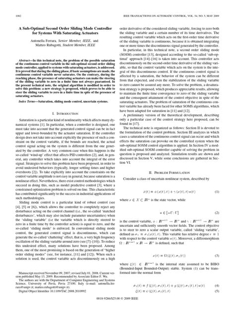 A Sub Optimal Second Order Sliding Mode Controller For Systems With Saturating Actuators Pdf