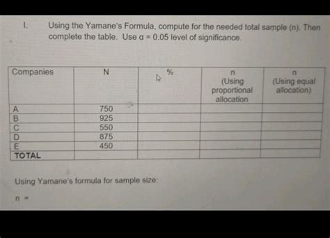 Solved 1、 Using The Yamanes Formula Compute For The Needed Total Sample N Then Complete